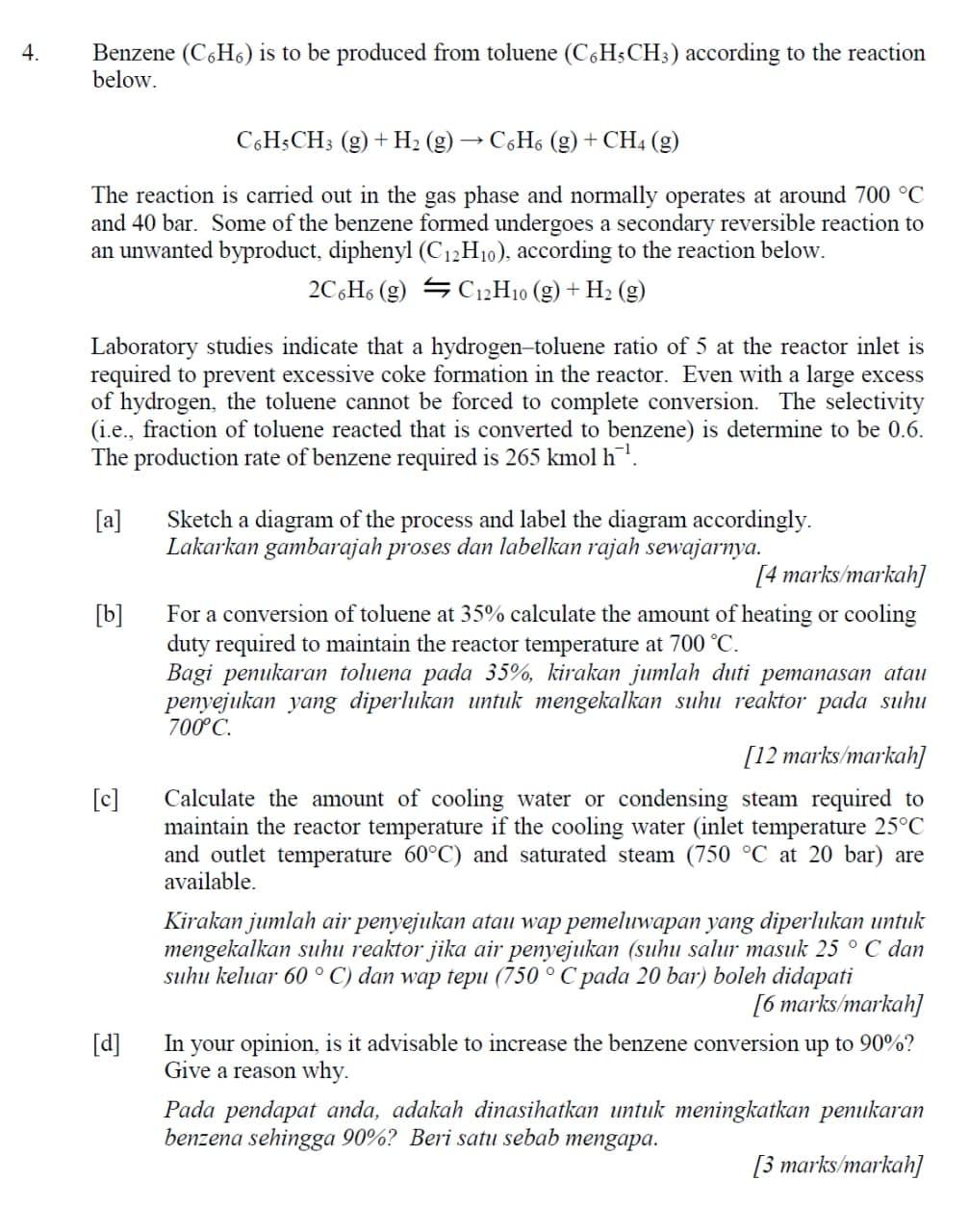 4. Benzene (C6H6) is to be produced from toluene (C6H | Chegg.com