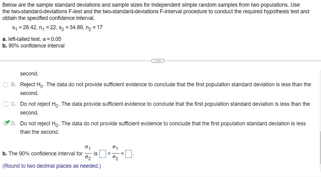 Solved Below are the sample standard deviations and sample | Chegg.com