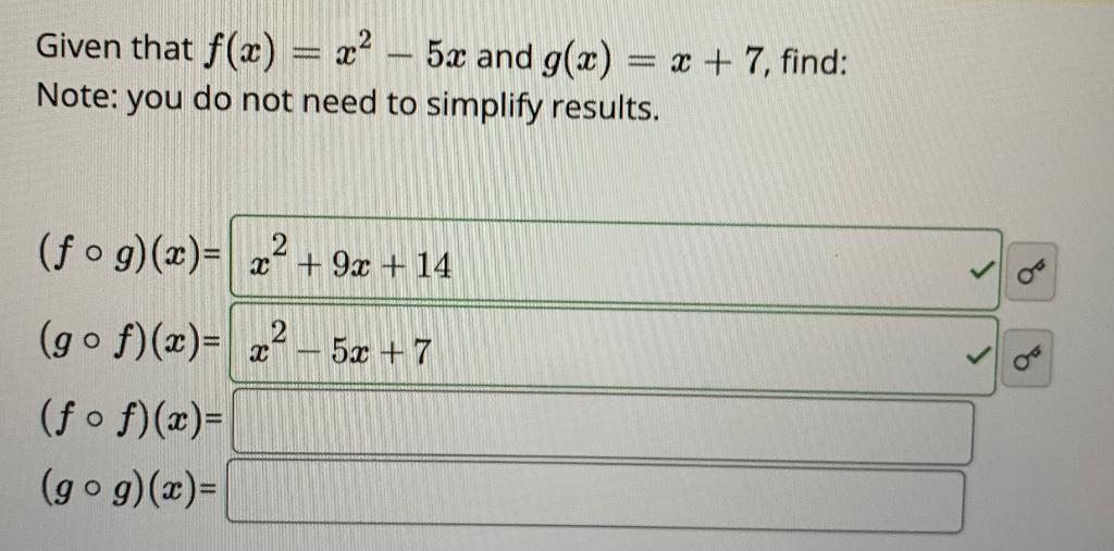Solved Given that f(x)=x2−5x and g(x)=x+7, find: Note: you | Chegg.com