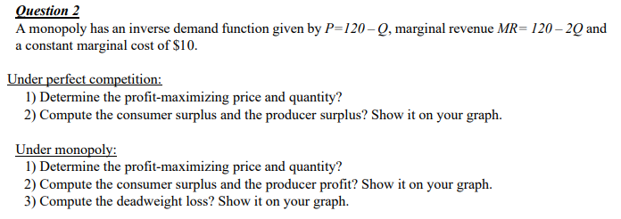 Solved Question 2 A monopoly has an inverse demand function | Chegg.com
