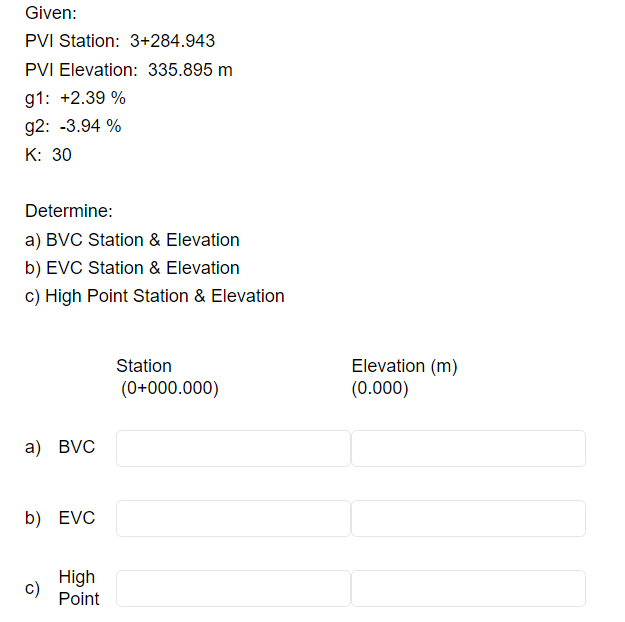 Solved Given: PVI Station: 3+284.943 PVI Elevation: 335.895 | Chegg.com