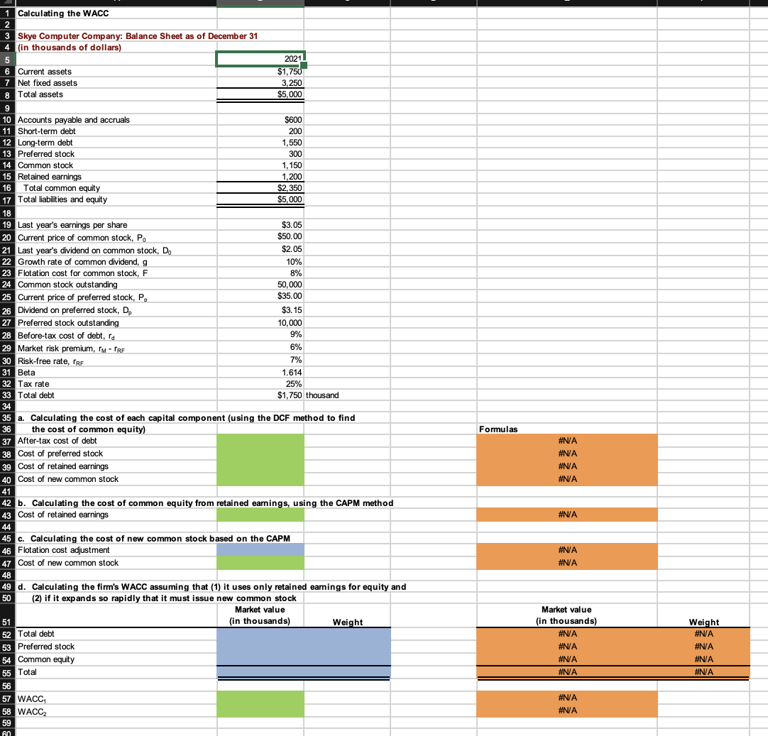 Excel Activity: Calculating the WACC Here is the | Chegg.com