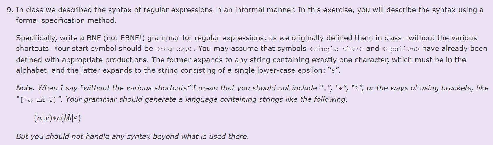 Solved 9. In class we described the syntax of regular | Chegg.com