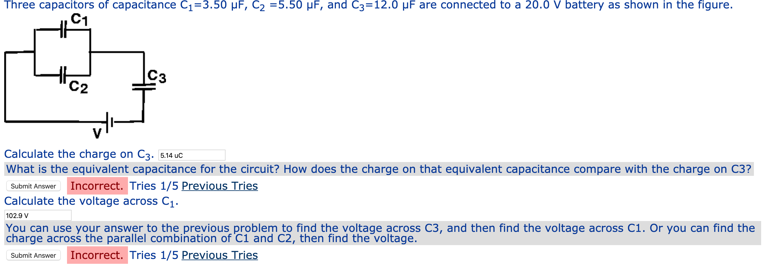 Solved Three capacitors of capacitance C1=3.50 uF, C2 =5.50 | Chegg.com