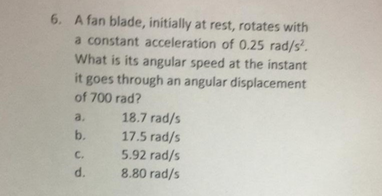 Solved 6. A fan blade, initially at rest, rotates with a | Chegg.com