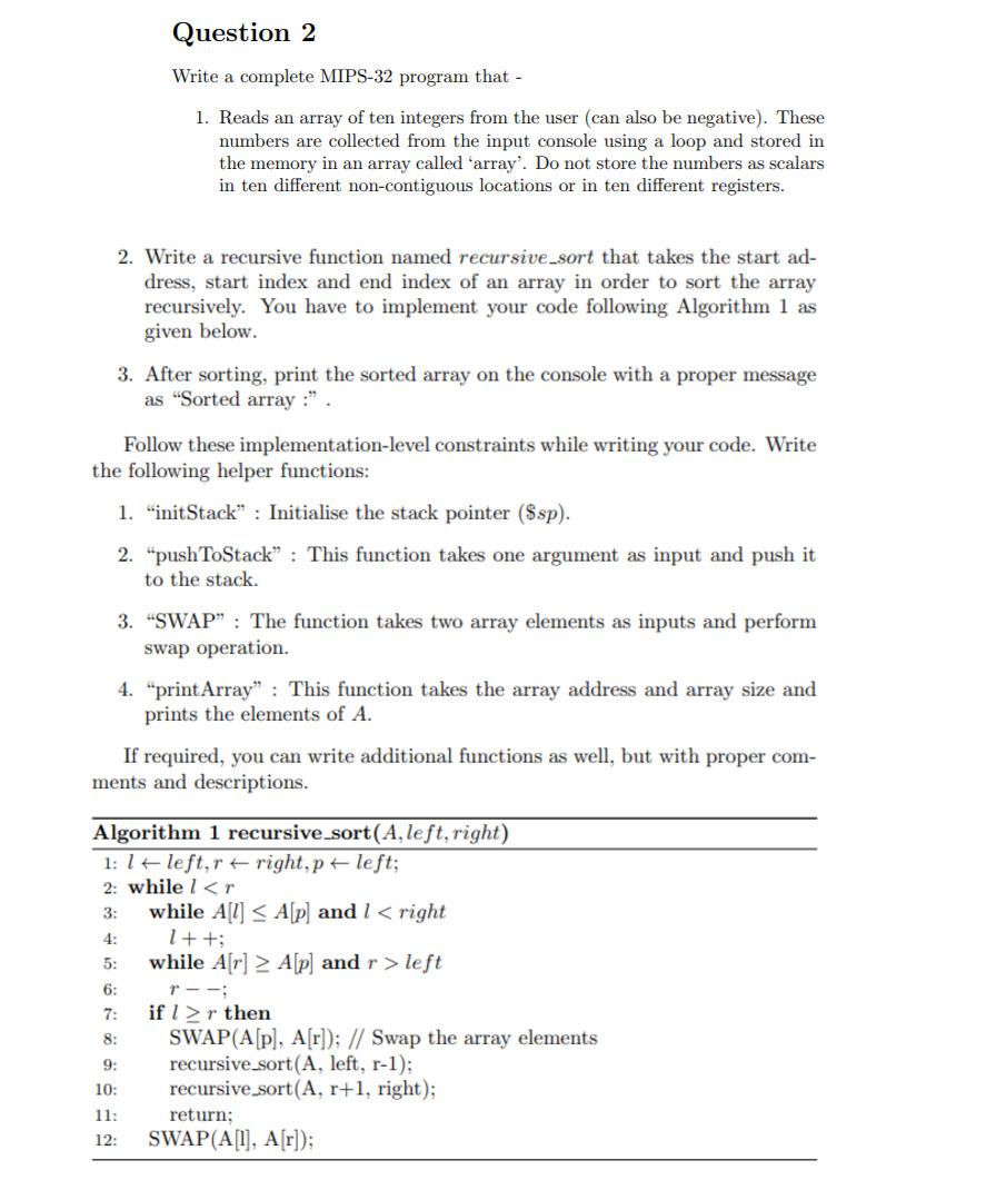 Solved Question 2 Write a complete MIPS-32 program that - 1. | Chegg.com