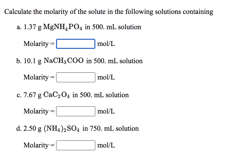 Solved Calculate the molarity of the solute in the following | Chegg.com