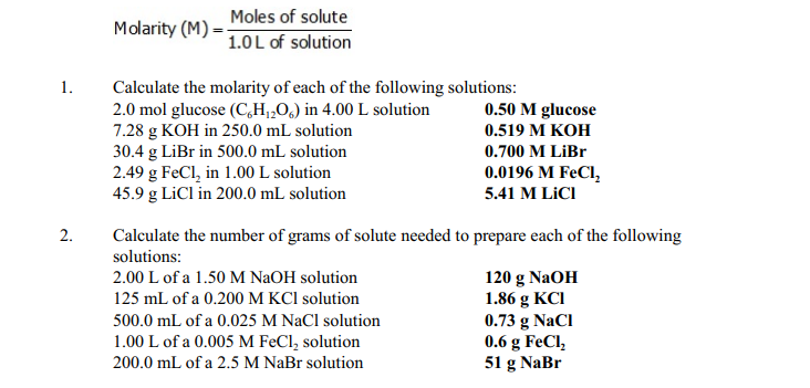 Solved Molarity (M)= Moles of solute 1.0L of solution 1. 2. | Chegg.com