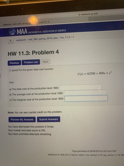 Solved 을 webwork. syr.edu HW 11.3:4 WeBWork : MAT 284 Spring | Chegg.com Solved 을 webwork. syr.edu HW 11.3:4 WeBWork : MAT 284 Spring | Chegg.com