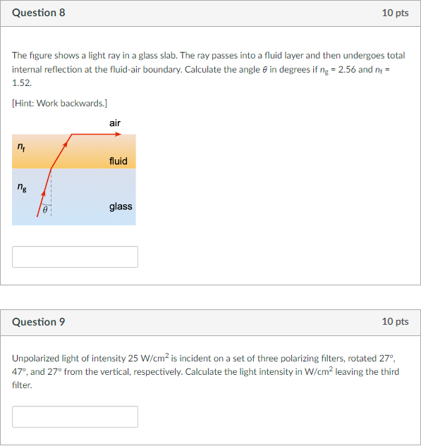 Solved 10 pts Question 8 The figure shows a light ray in a | Chegg.com