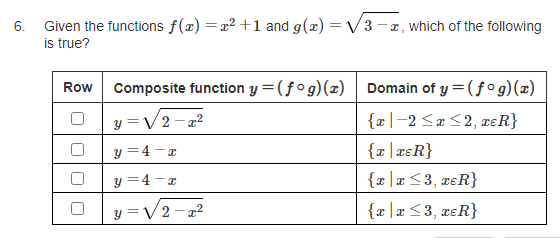Solved Given the functions f(x)=x2+1 and g(x)=3−x, which of | Chegg.com