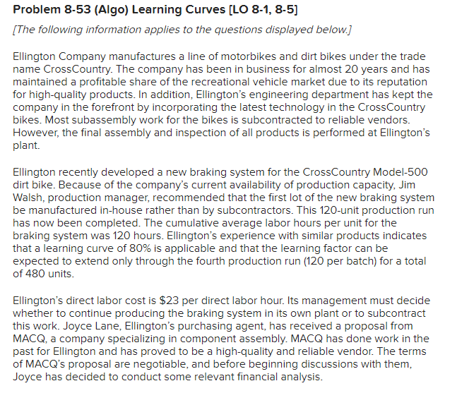 Solved Problem 8-53 (Algo) ﻿Learning Curves [LO | Chegg.com