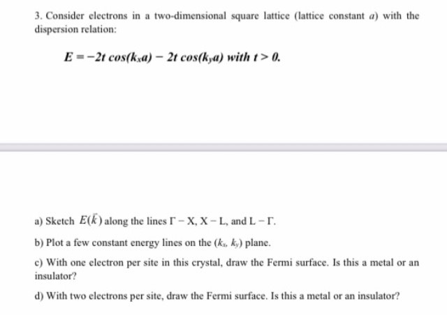 Solved 3. Consider electrons in a two-dimensional square | Chegg.com