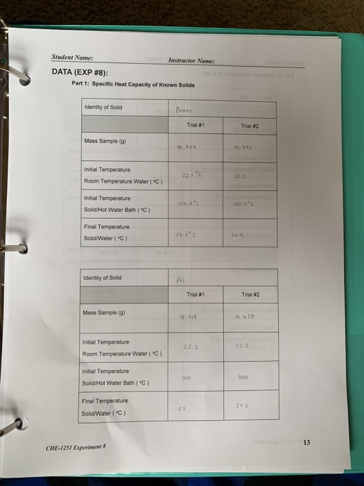 Student Name: Instructor Name DATA (EXP #8): Part 1: | Chegg.com