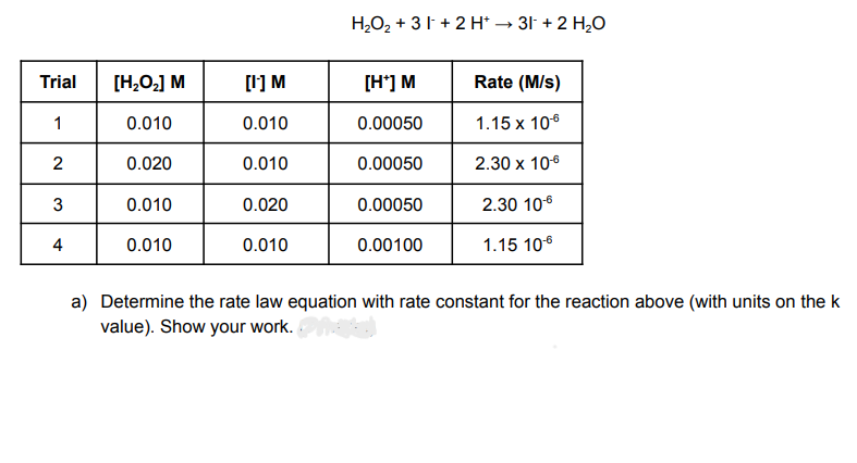 Solved H2O2 +31 + 2 H+ + 3 + 2 H2O Trial [H2O2] M [1] M [H*] | Chegg.com