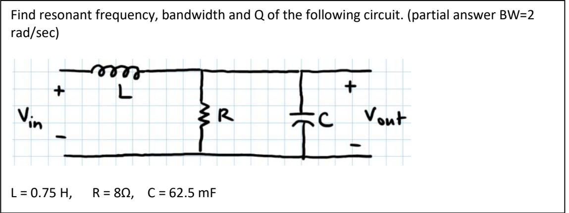 Solved Find resonant frequency, bandwidth and Q of the | Chegg.com