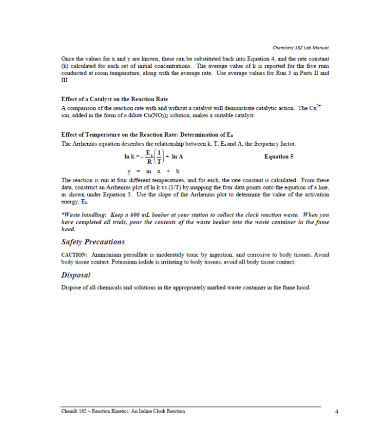 Chemistry 162 Lab Manual Reaction Kinetics: The | Chegg.com