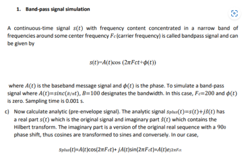 Solved 1. Band-pass signal simulation [i0] A continuous-time | Chegg.com