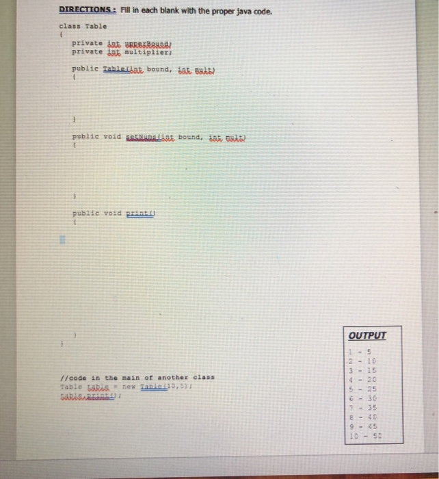 Solved DIRECTIONS: Fill in each blank with the proper java | Chegg.com