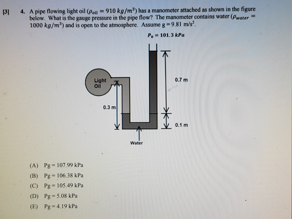 Solved 131 4. A pipe flowing light oil (Poll - 910 kg/m3) | Chegg.com