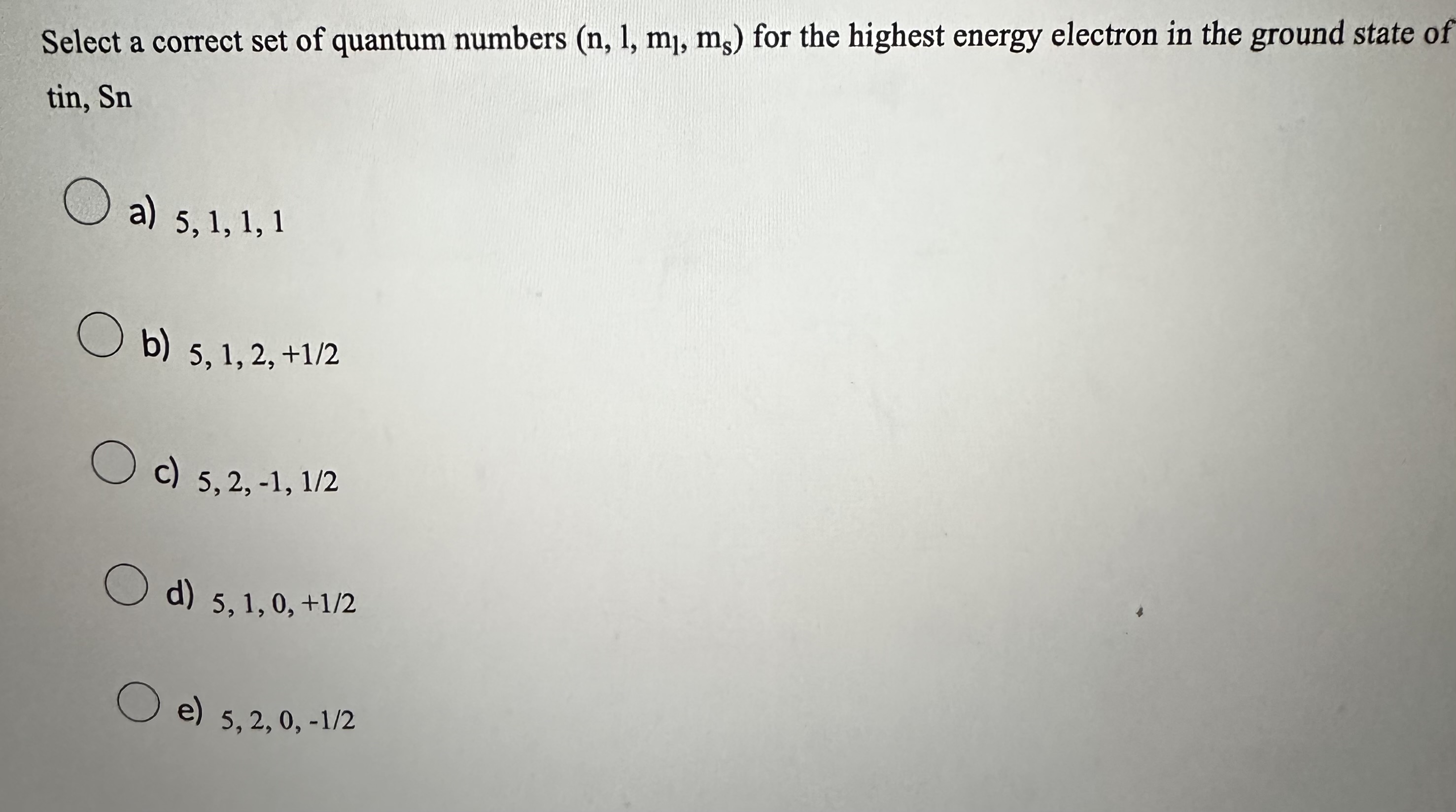 Solved Select a correct set of quantum numbers (n,1, m1, ms | Chegg.com