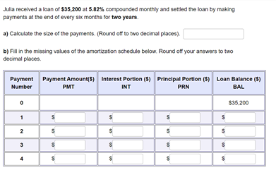 Solved Julia received a loan of $35,200 at 5.82% compounded | Chegg.com