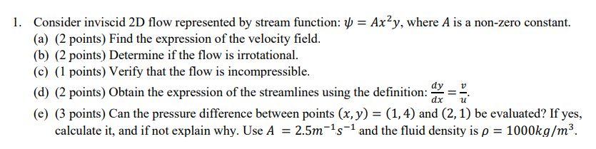 Solved 1. Consider inviscid 2D flow represented by stream | Chegg.com