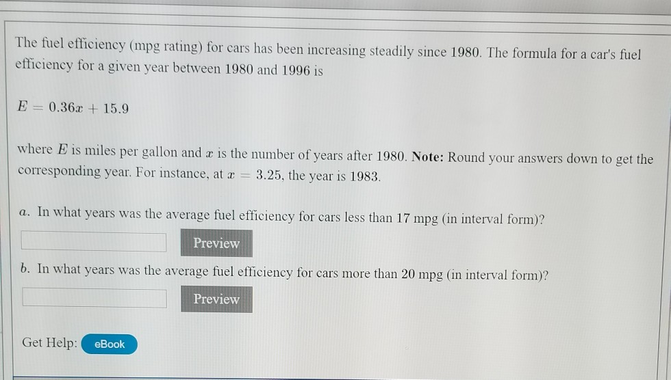 Solved The fuel efficiency (mpg rating) for cars has been | Chegg.com