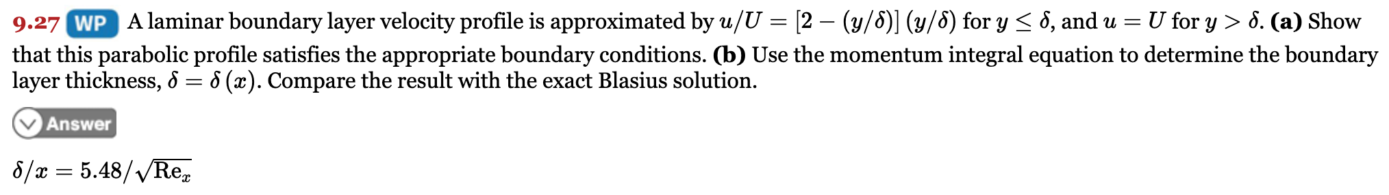 Solved A laminar boundary layer velocity profile is | Chegg.com