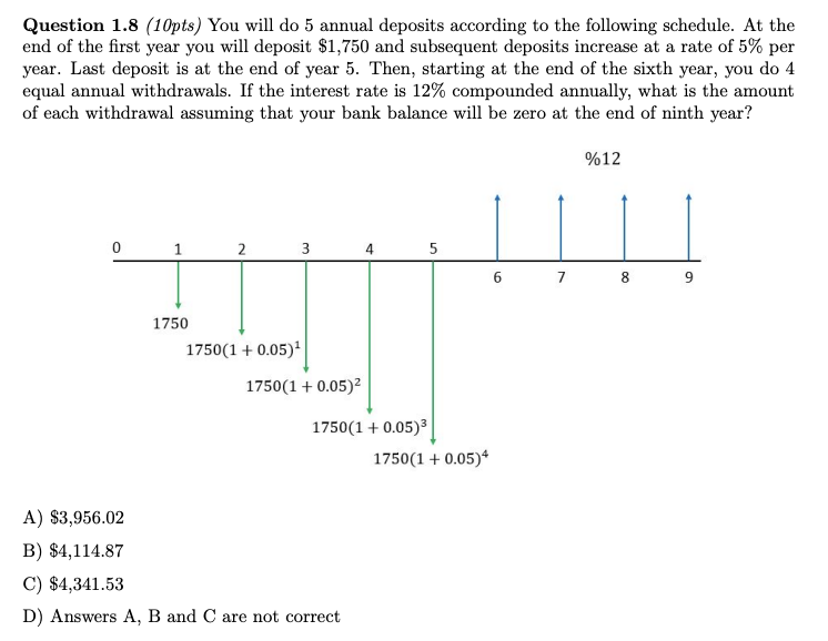 Solved Question 1.8 (10pts) You will do 5 annual deposits | Chegg.com