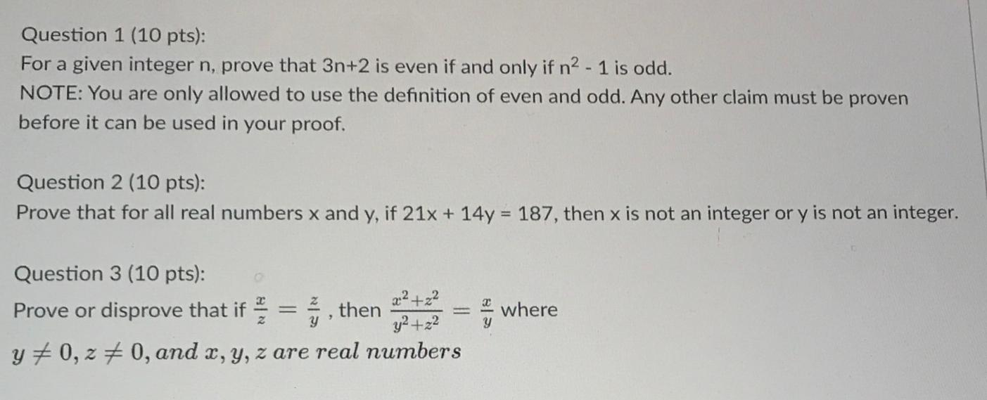 Solved Question 1 (10 pts): For a given integer n, prove | Chegg.com