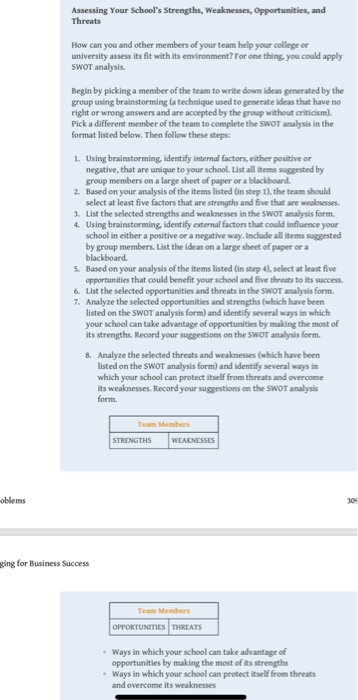 Assessing Your School's Strengths, Weaknesses, | Chegg.com