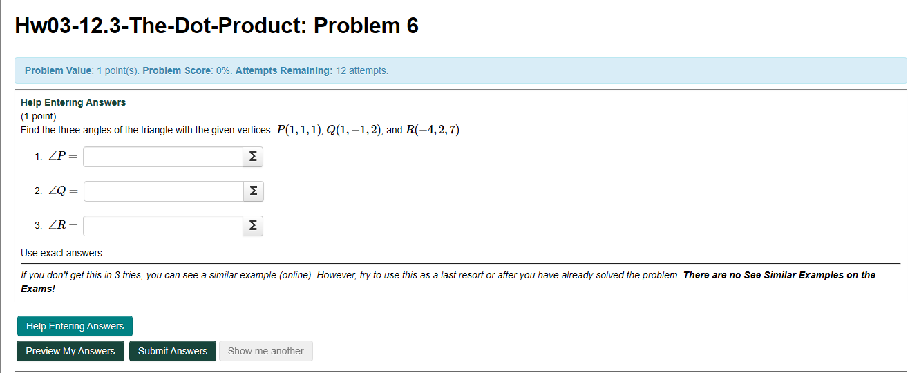 Solved Hw03-12.3-The-Dot-Product: Problem 6 Problem Value: 1 | Chegg.com
