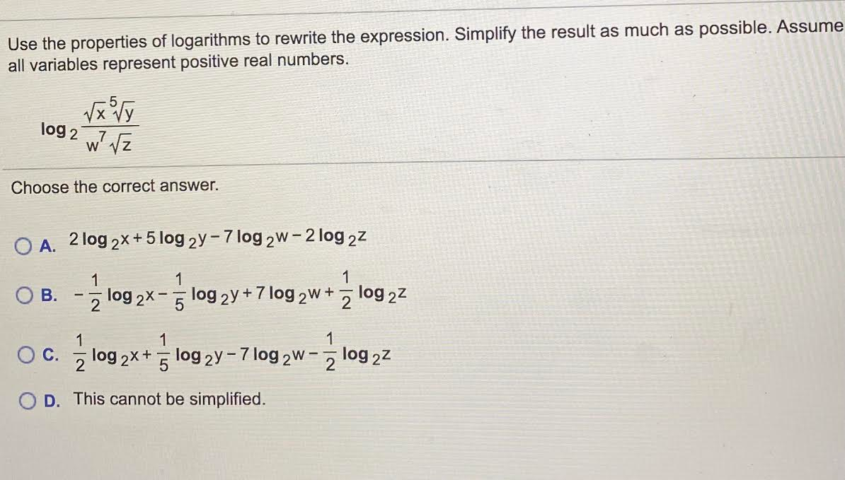 Solved Use the properties of logarithms to rewrite the | Chegg.com