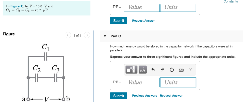 Solved Constants In (Figure 1), let V = 10.0 V and C1 = C2 = | Chegg.com