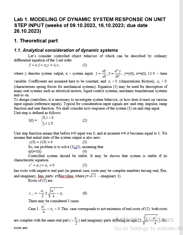 Lab 1. MODELING OF DYNAMIC SYSTEM RESPONSE ON UNIT | Chegg.com