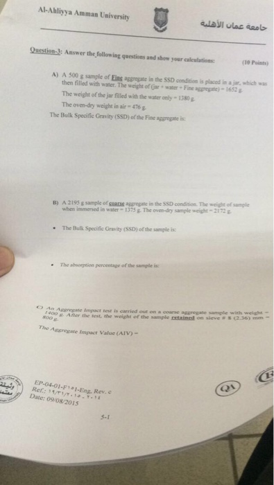 Solved A 500 g sample of Fine aggregate in the SSD condition | Chegg.com