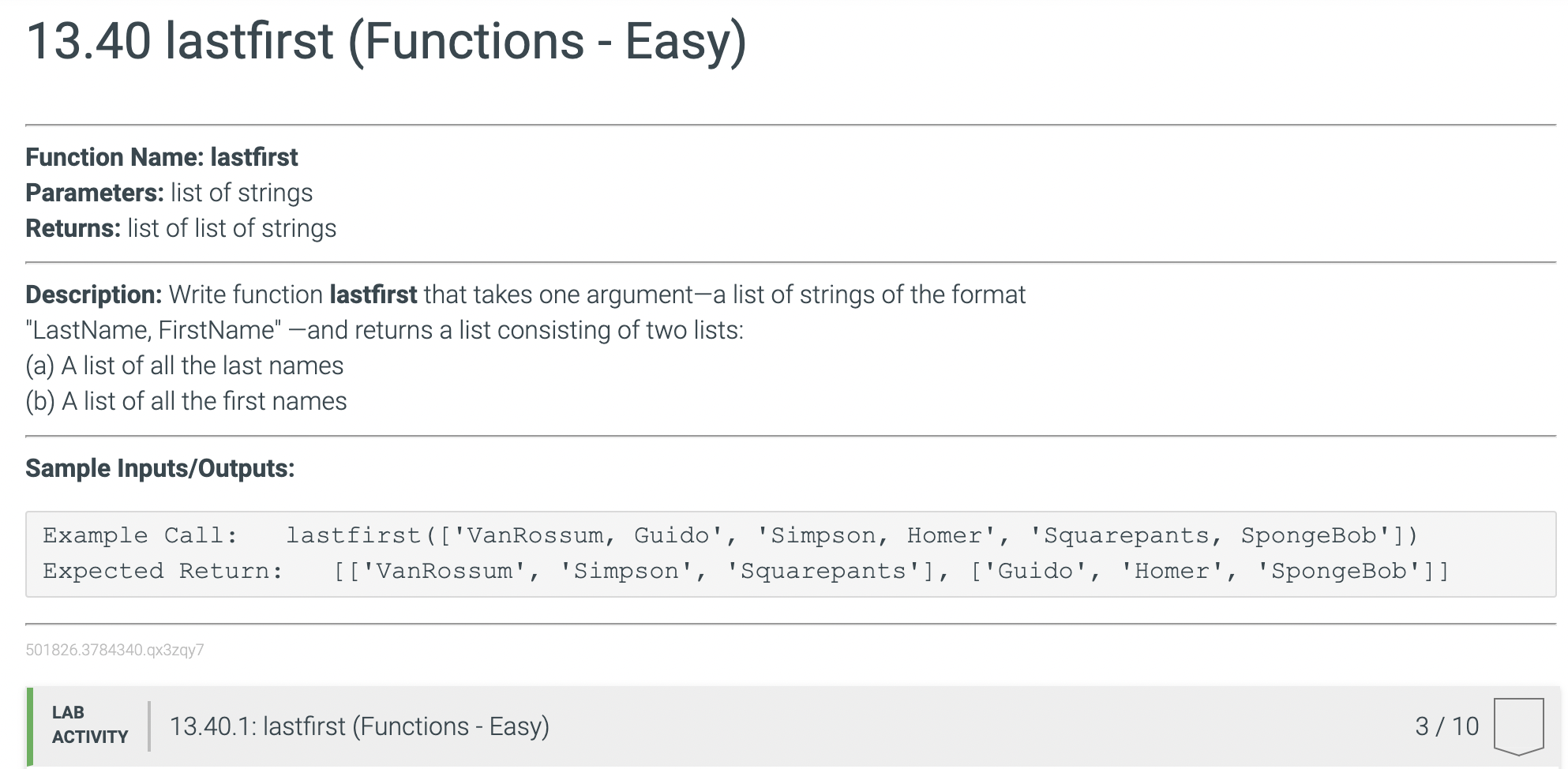 13.40 lastfirst (Functions - Easy) Function Name: | Chegg.com