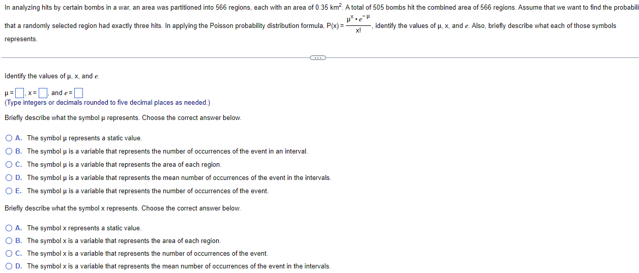 Solved represents. Identify the values of μ,x, and e. μ=,x=, | Chegg.com