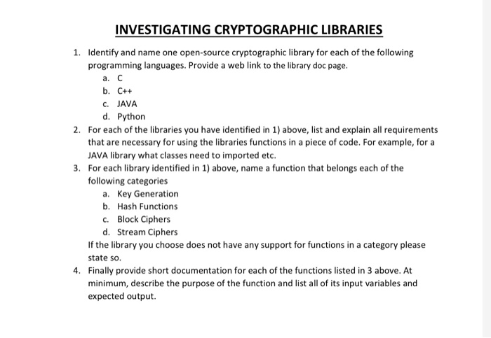 Solved INVESTIGATING CRYPTOGRAPHIC LIBRARIES 1. Identify and | Chegg.com