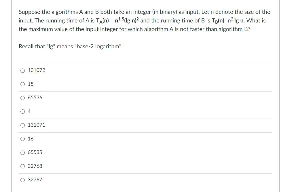 Solved Suppose the algorithms A and B both take an integer | Chegg.com