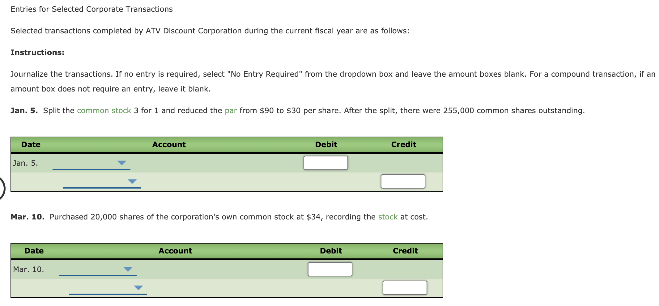 Solved Entries for Selected Corporate Transactions Selected | Chegg.com