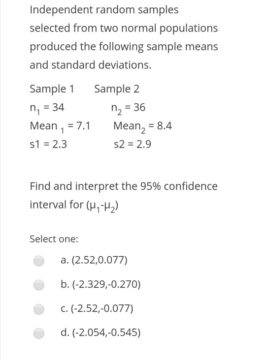 Solved Independent random samples selected from two normal | Chegg.com