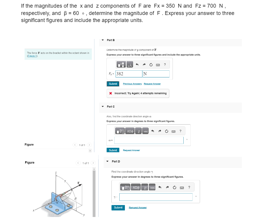 Solved The force F ﻿acts on the bracket within the octant | Chegg.com