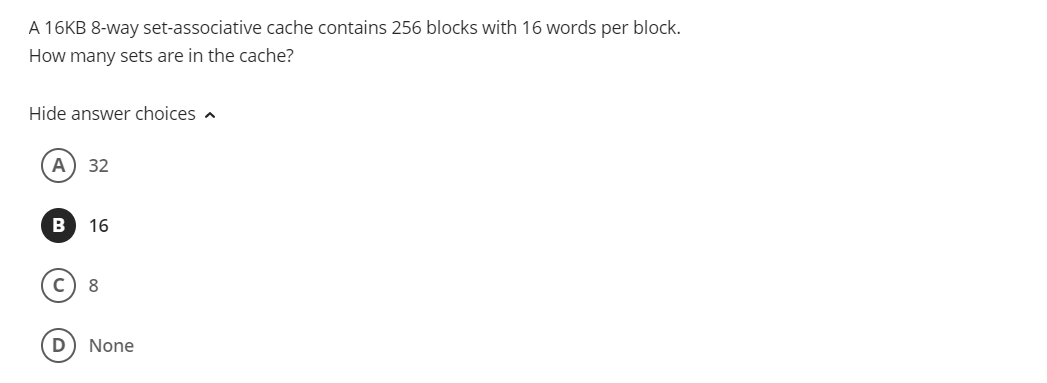Solved A 16 KB 8-way set-associative cache contains 256 | Chegg.com