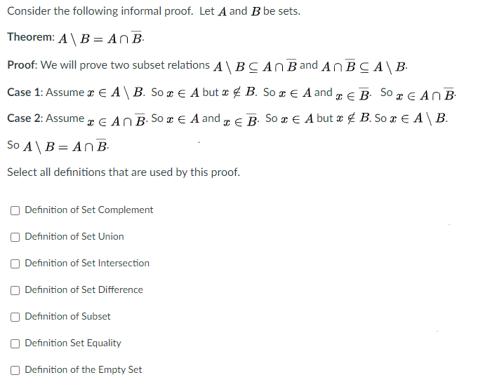 Solved Consider the following informal proof. Let A and B be | Chegg.com