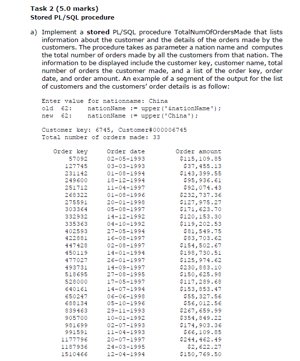 Solved TPC R benchmark databaseTask 2 (5.0 marks) Stored | Chegg.com