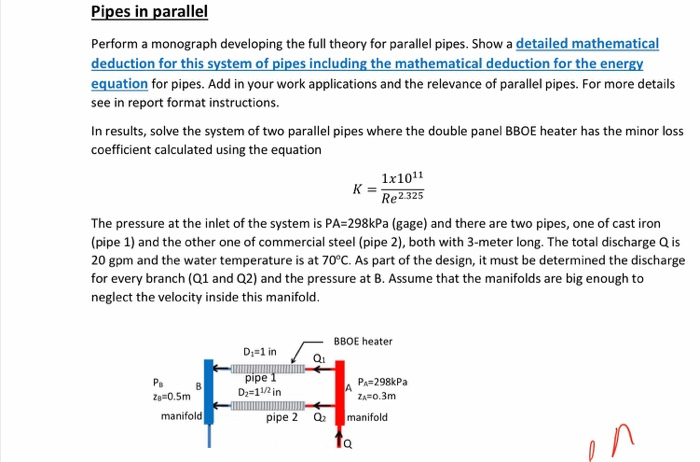 Pipes in parallel Perform a monograph developing the | Chegg.com