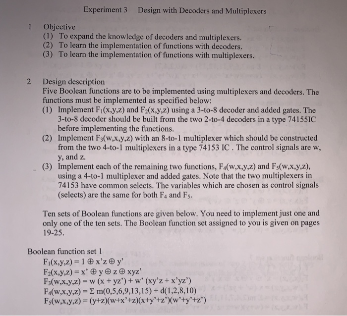 Experiment 3 Design with Decoders and Multiplexers 1 | Chegg.com