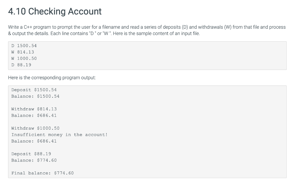 Solved 4.10 Checking Account Write a C++ program to prompt | Chegg.com